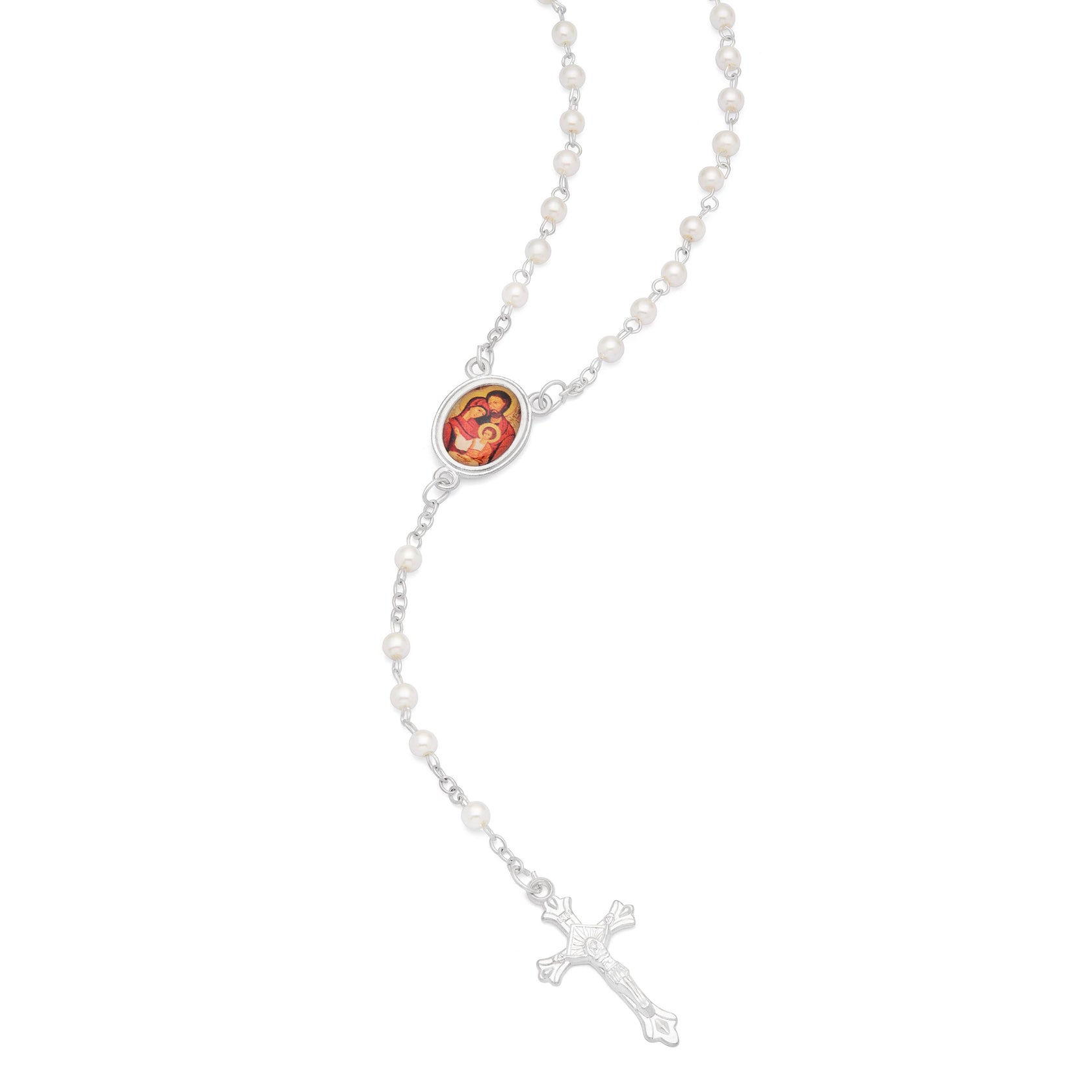 Cross-shaped Holy Family Rosary Case with White Synthetic Pearl Rosary ...