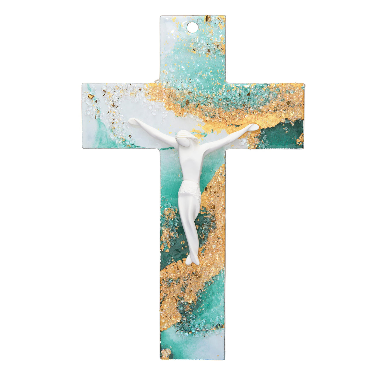 Green and Gold Murano Glass Crucifix with White Resin Corpus Modern ...