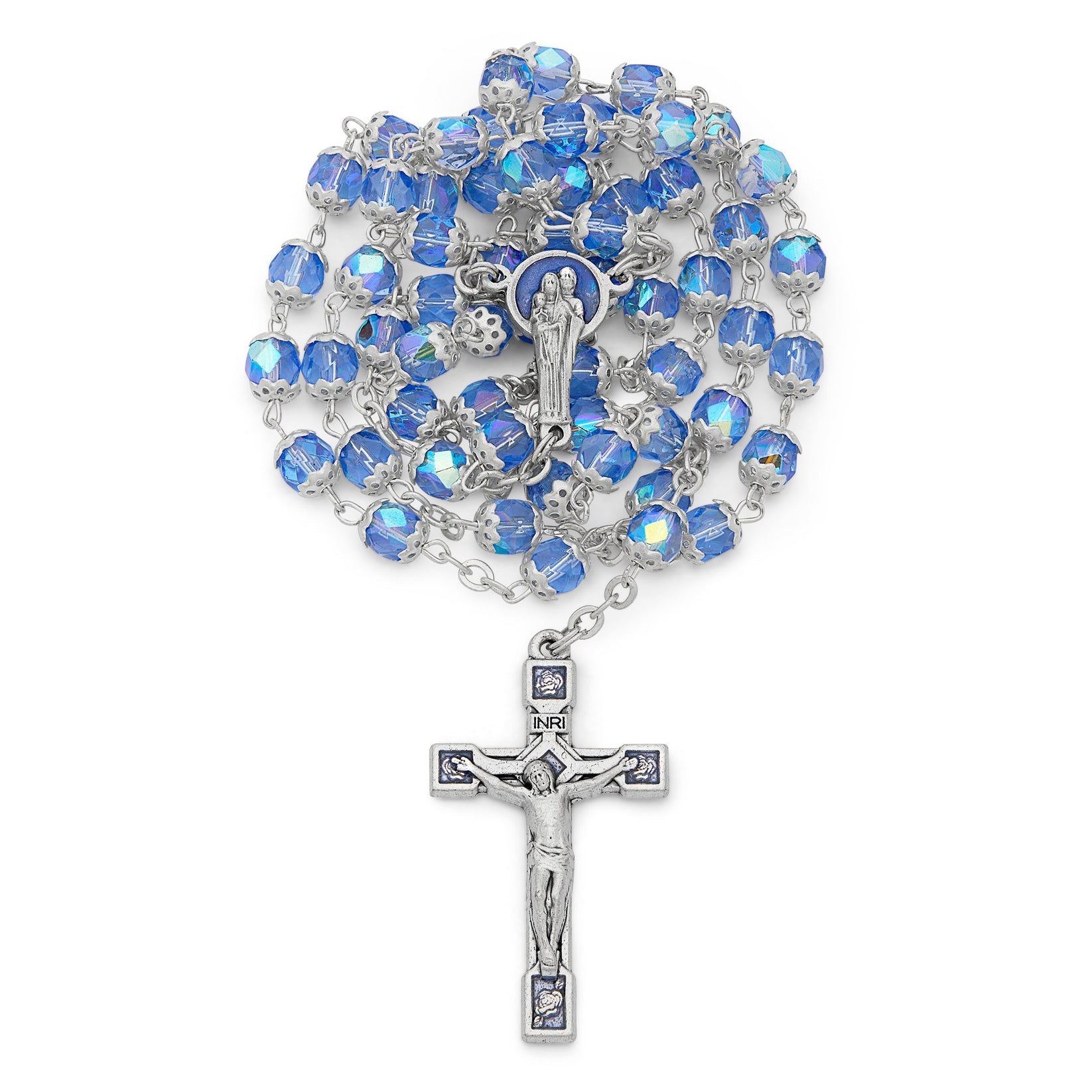 Holy Family Rosary in Sapphire Blue Faceted Crystal Beads | MONDO CATTOLICO
