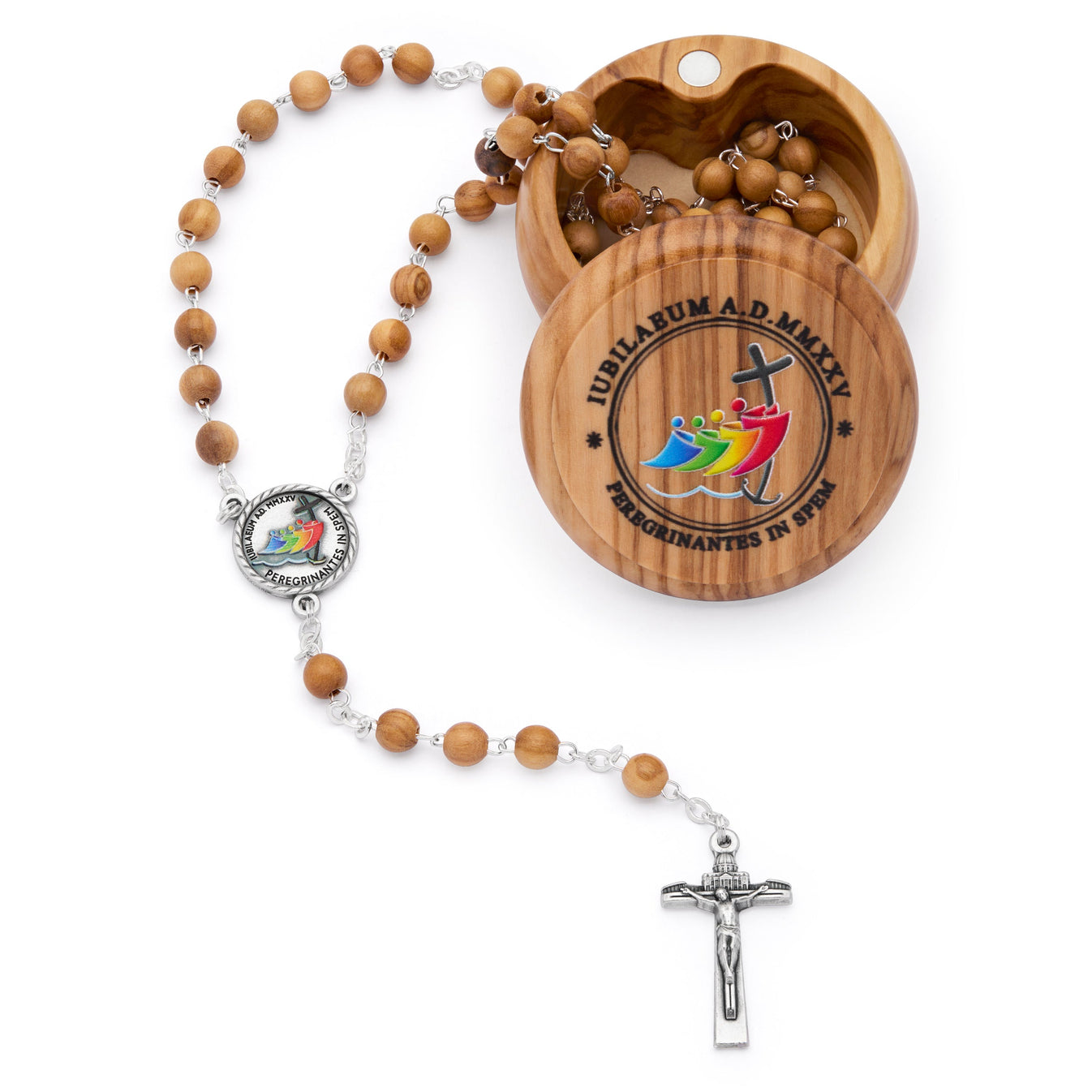 Jubilee 2025 Round Olive Wood Rosary Case With Wooden Rosary | MONDO ...