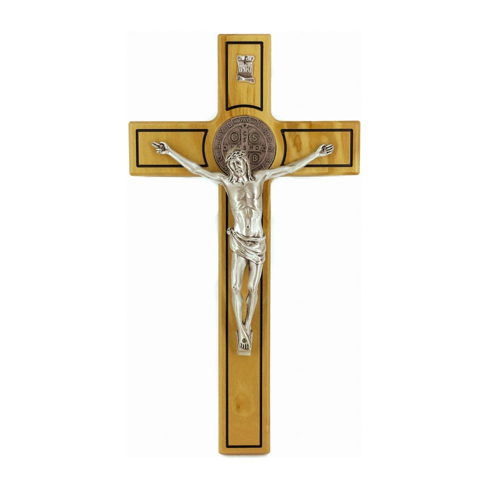 Light Olive Wood St. Benedict Crucifix with Outlines | MONDO CATTOLICO