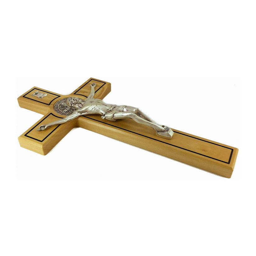 Light Olive Wood St. Benedict Crucifix with Outlines | MONDO CATTOLICO