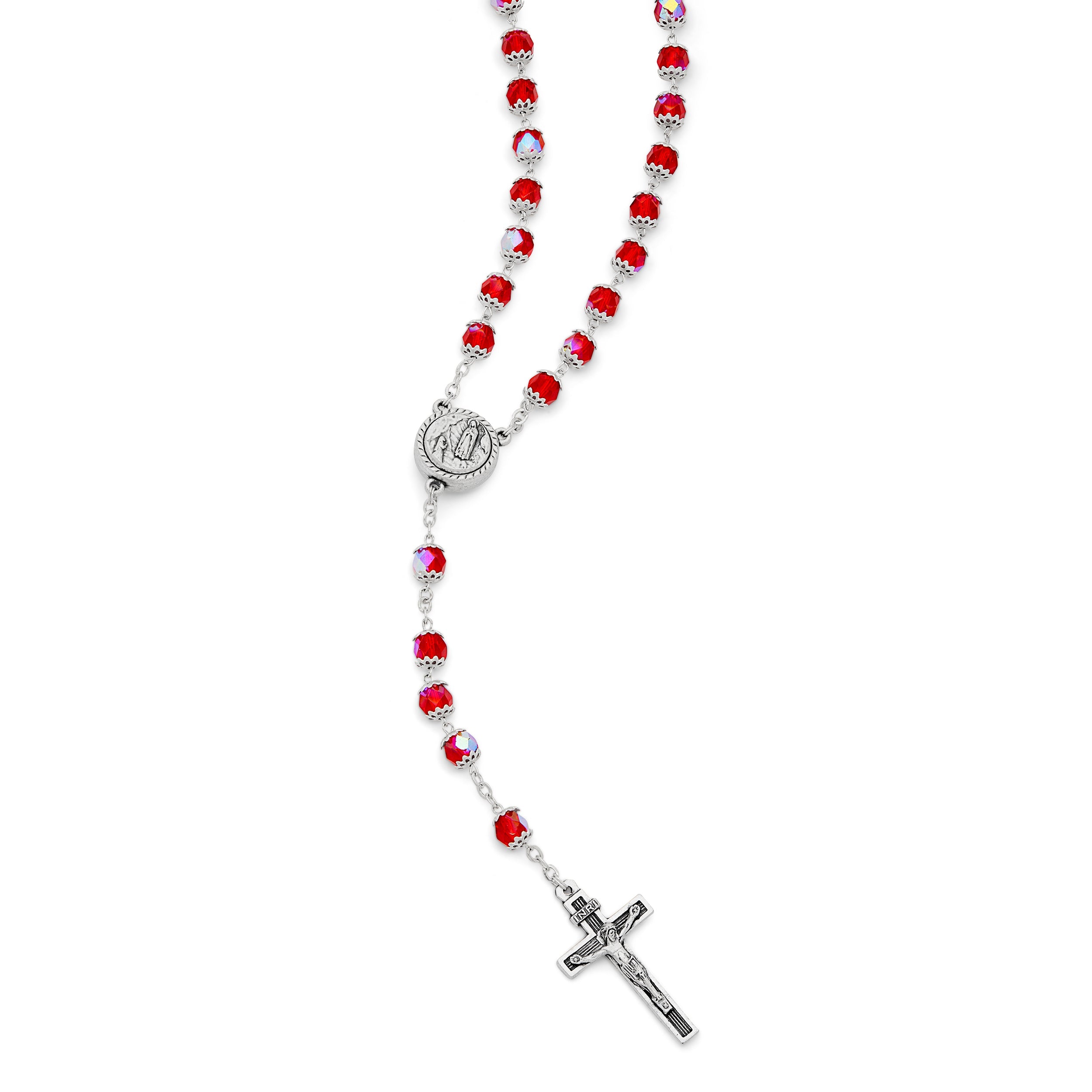 Our Lady of Lourdes Red Rosary with Holy Water Reliquary | MONDO CATTOLICO