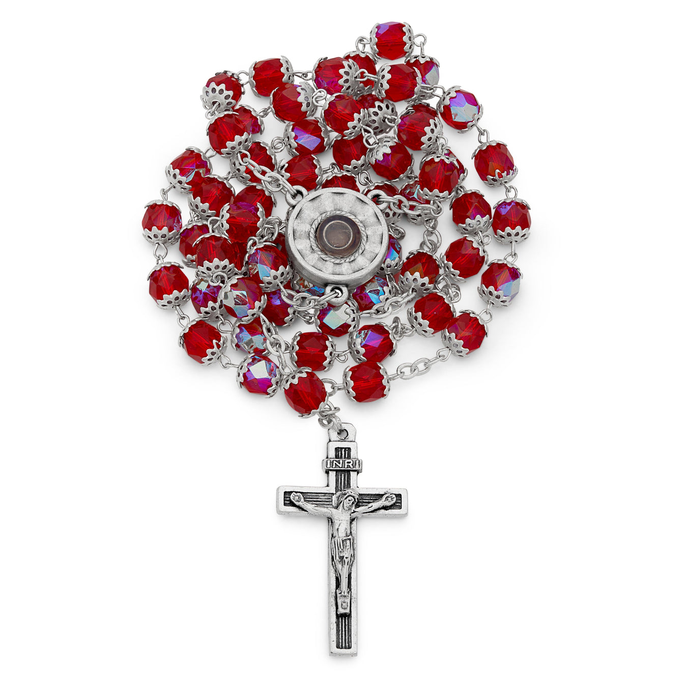 Our Lady of Lourdes Red Rosary with Holy Water Reliquary | MONDO CATTOLICO