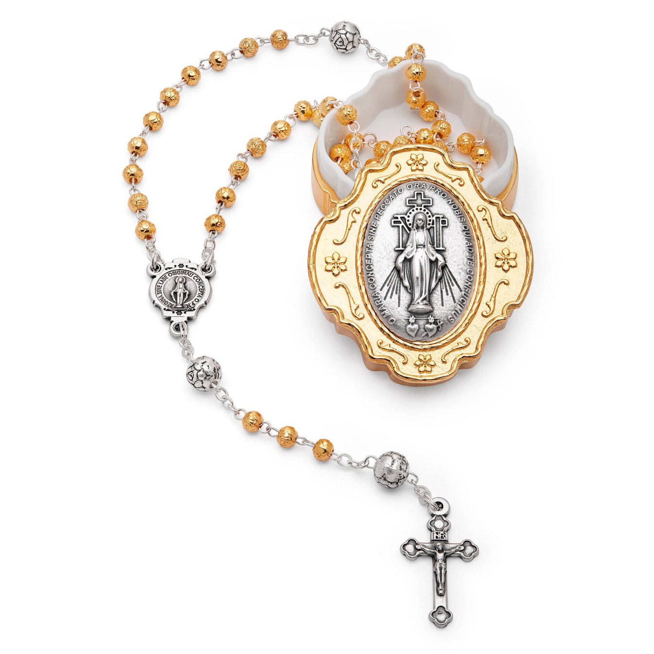 Golden Rosary Case With Our Lady of the Miraculous Medal and Rose ...