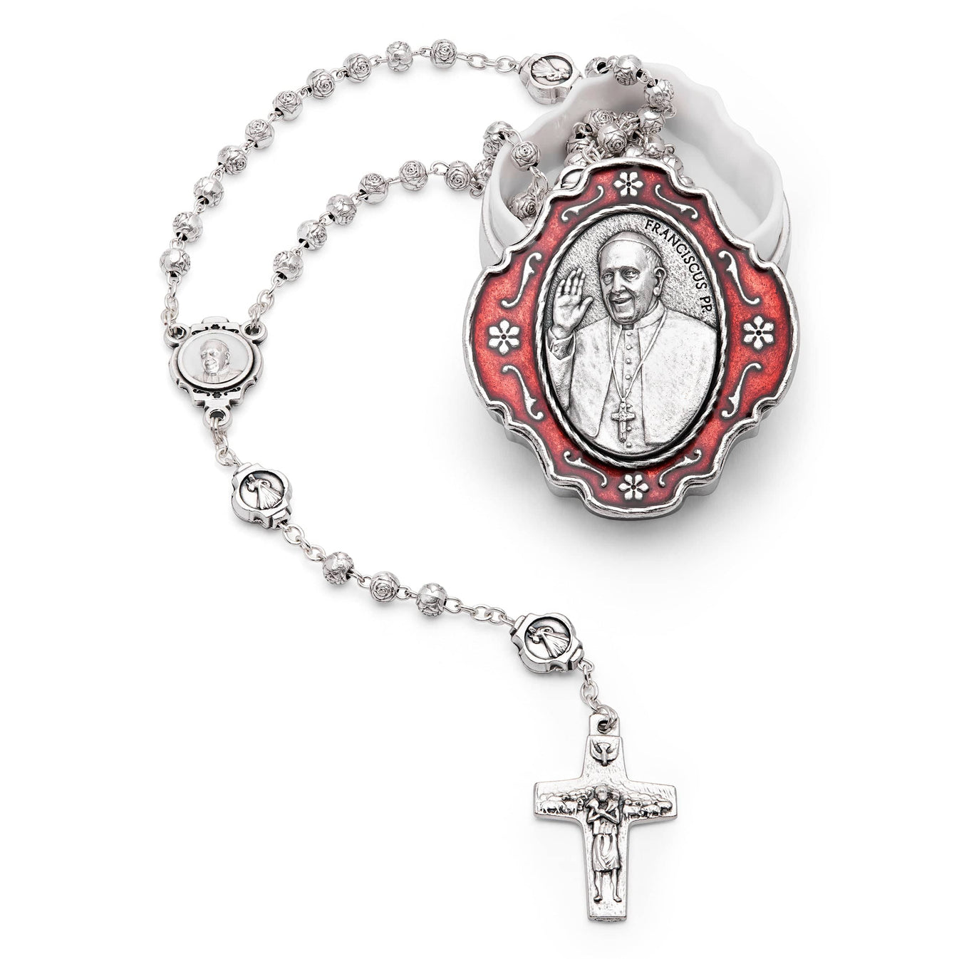 Red Enameled Pope Francis Rosary Case With Rose-shaped Beads Rosary ...