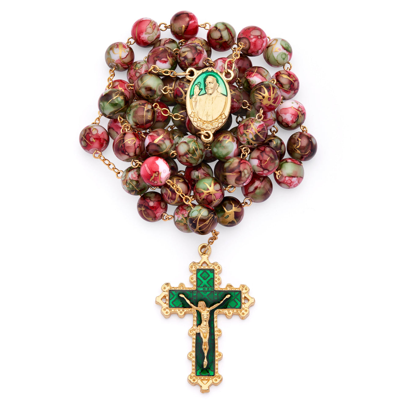 Pope Francis Rosary with Green and Dark Red Variegated Beads | MONDO ...