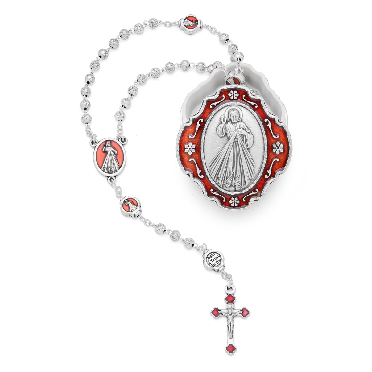 Red Enameled Merciful Jesus Rosary Case With Rose-shaped Beads Rosary ...