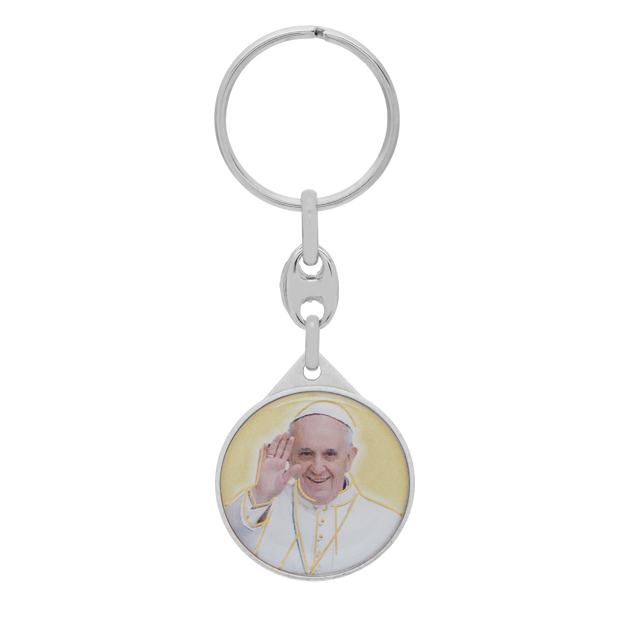 Round Colored Metal Keychain of Pope Francis With Yellow Background ...