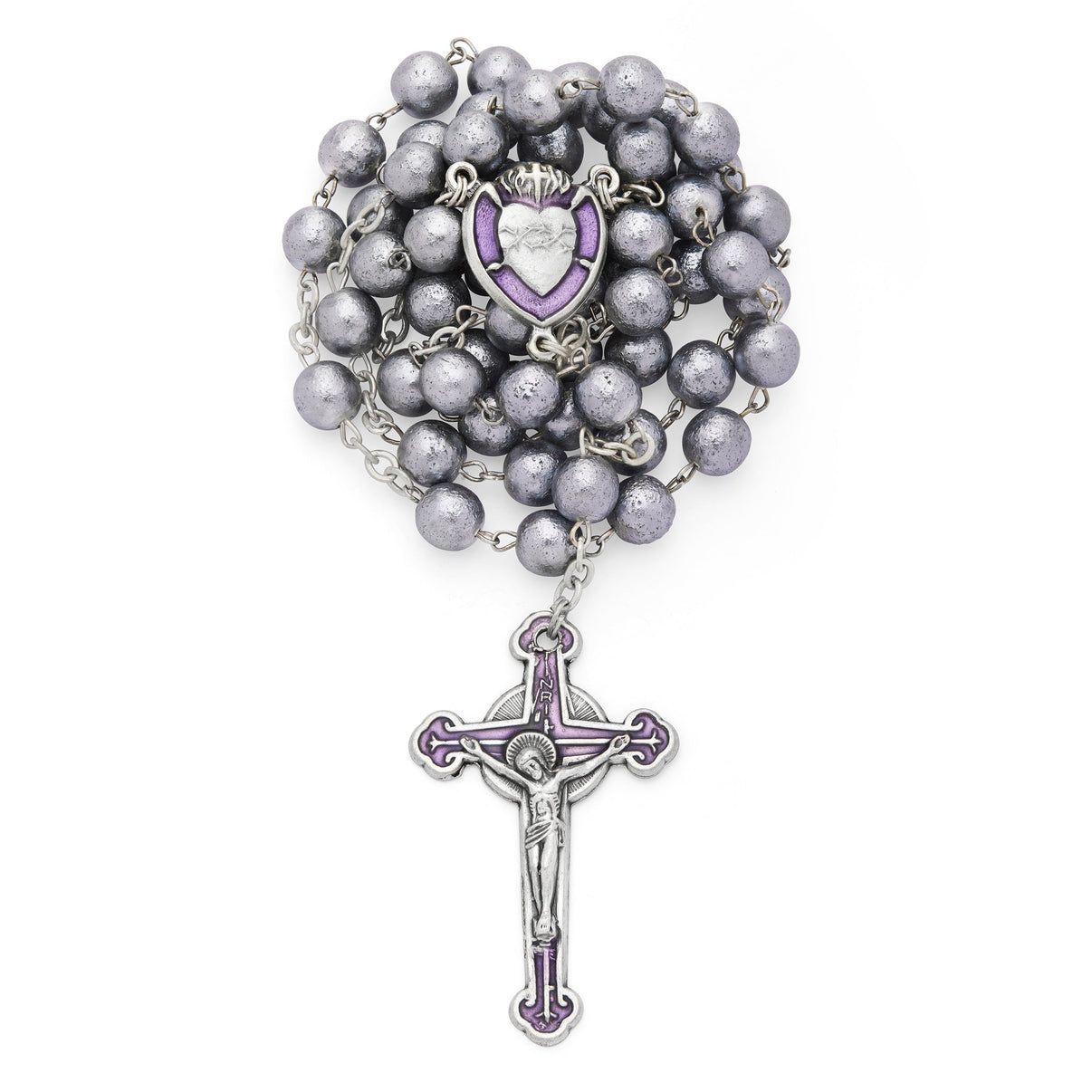 Sacred Heart of Jesus Rosary with Gray Pearl Glass Beads | MONDO CATTOLICO