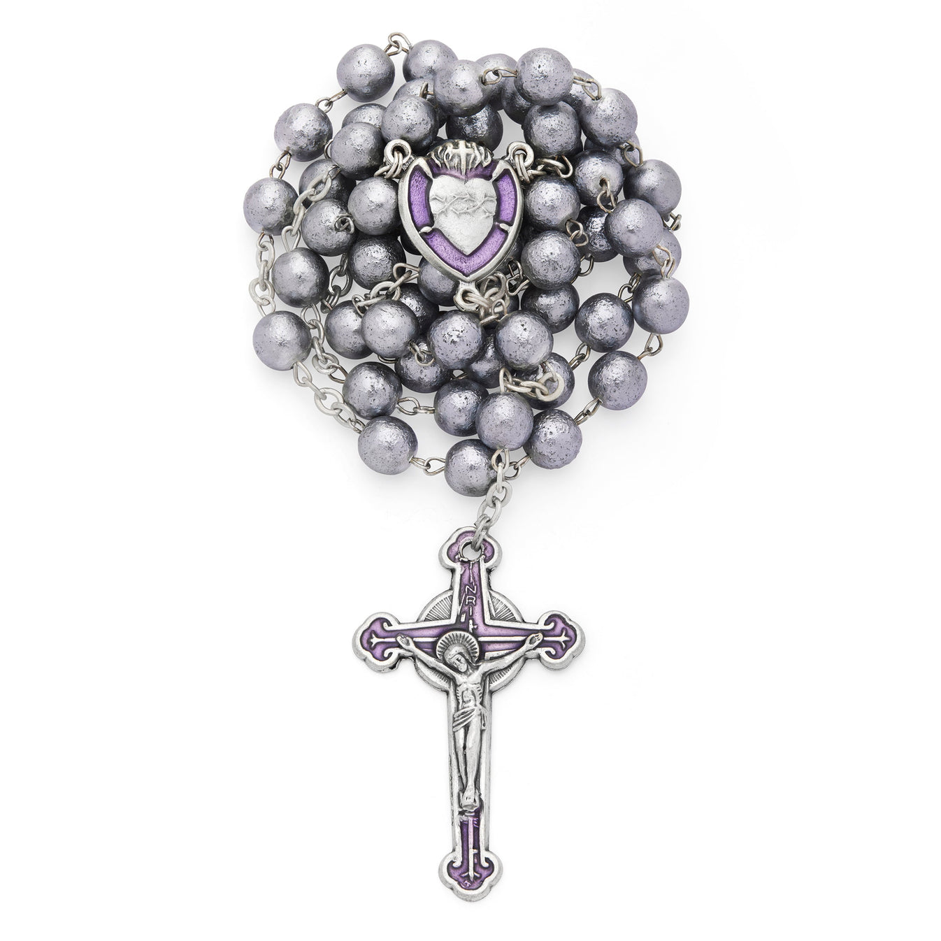 Sacred Heart of Jesus Rosary with Gray Pearl Glass Beads | MONDO CATTOLICO
