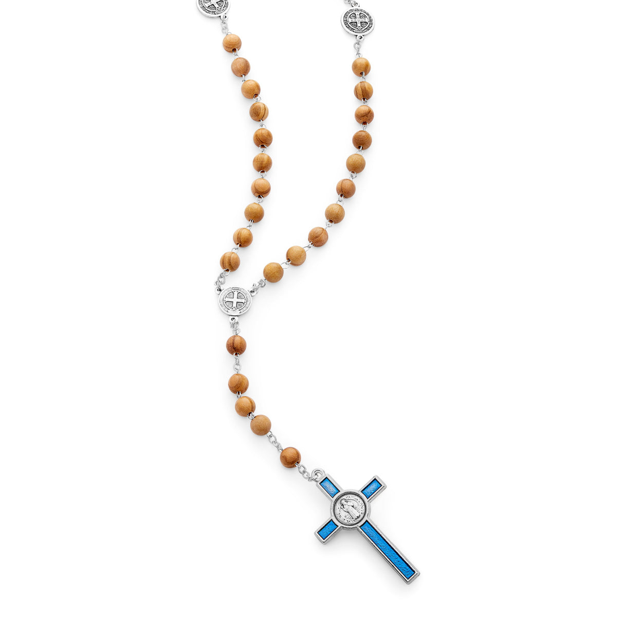 Saint Benedict Olive Wood Rosary with Blue Enameled Crucifix | MONDO ...