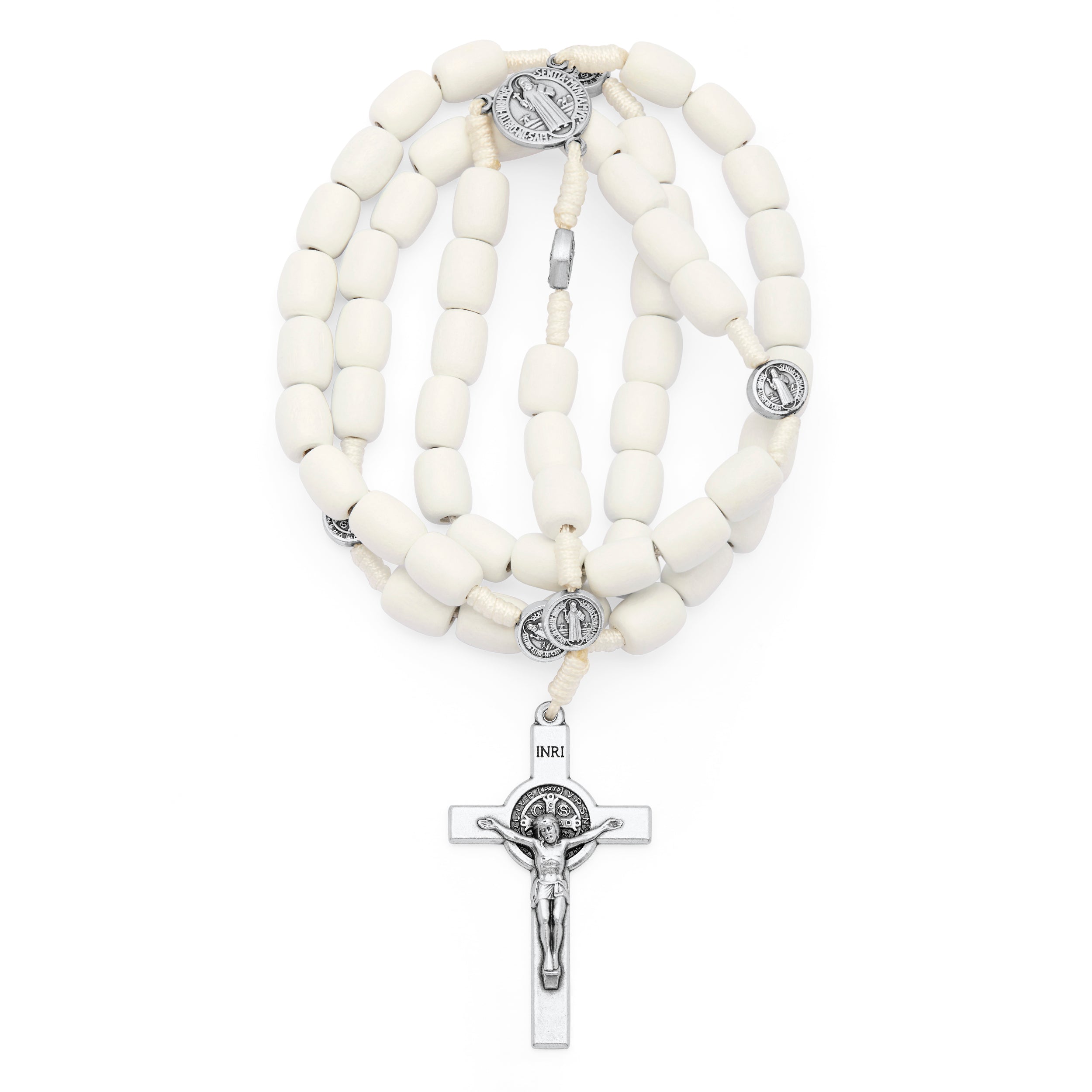 Saint Benedict Rosary in White Wood with Metal Crucifix | MONDO CATTOLICO
