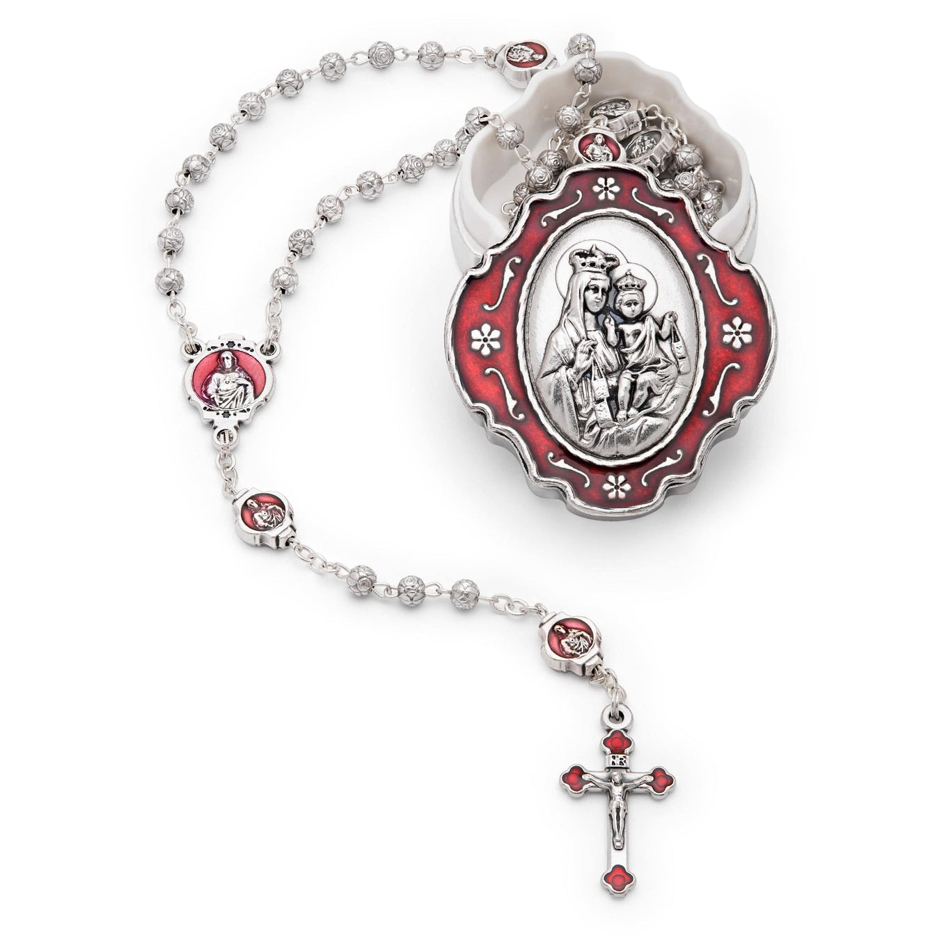 Red Enameled Scapular Rosary Case With Rose-shaped Beads Rosary | MONDO ...