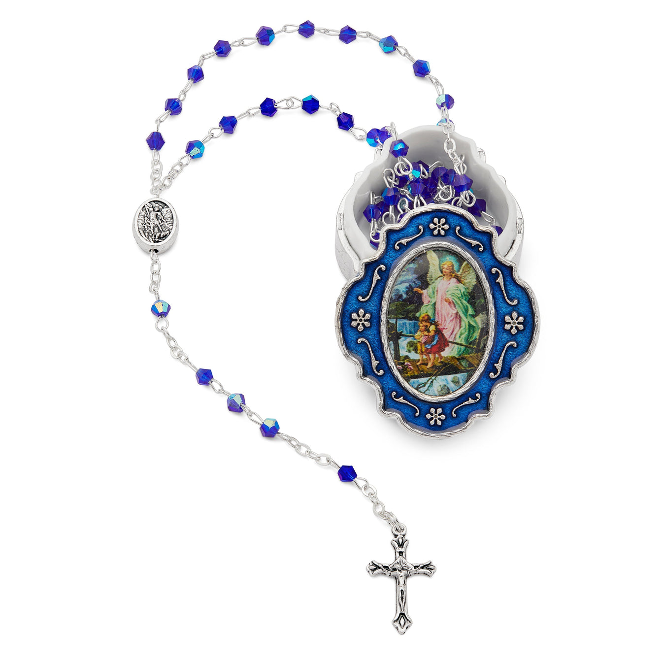 Small Blue Enameled Guardian Angel Rosary Case With Blue Crystal Rosary ...