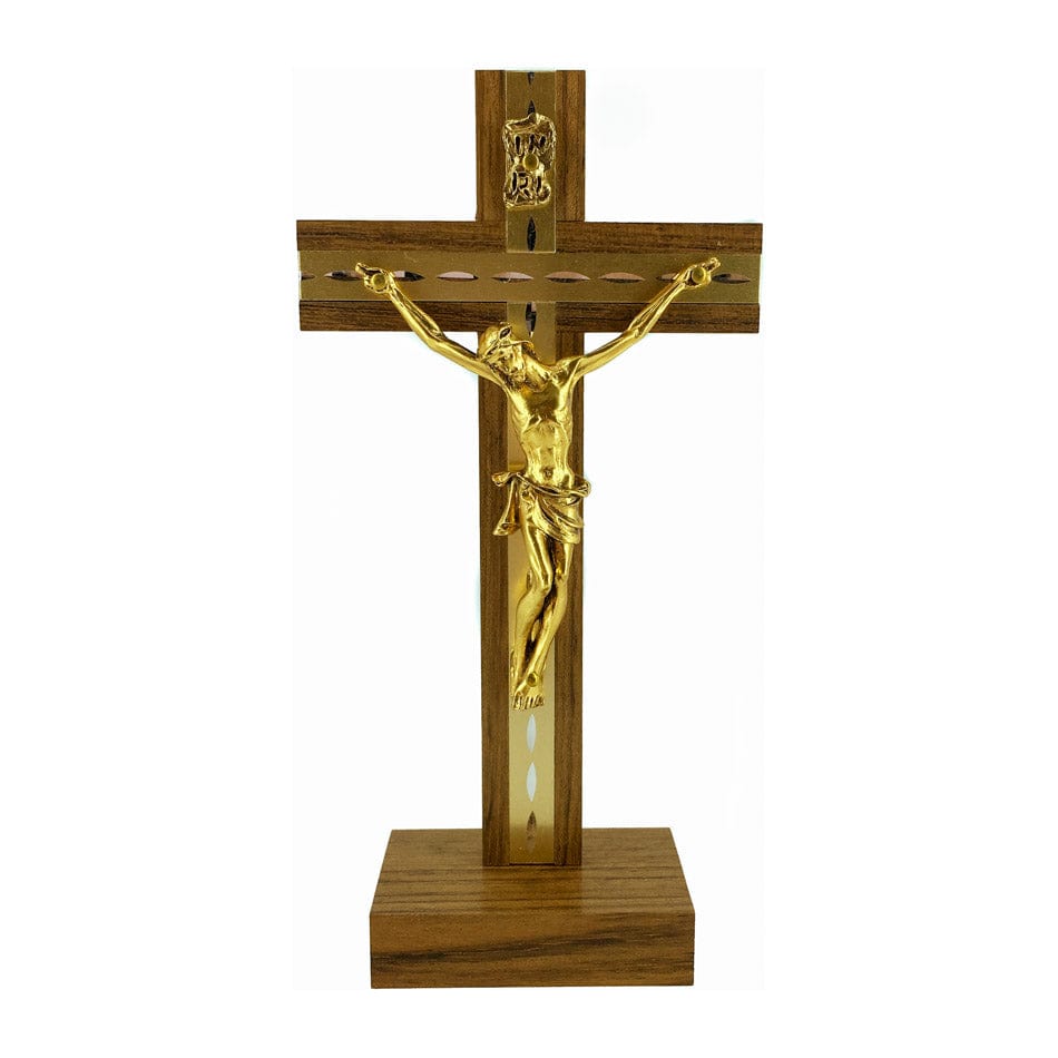 Standing Walnut Wood Crucifix with Inlays and Gold Details | MONDO ...