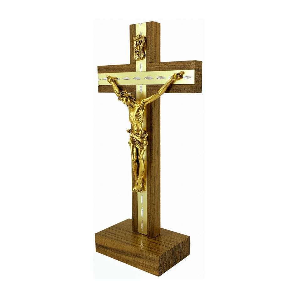 Standing Walnut Wood Crucifix with Inlays and Gold Details | MONDO ...