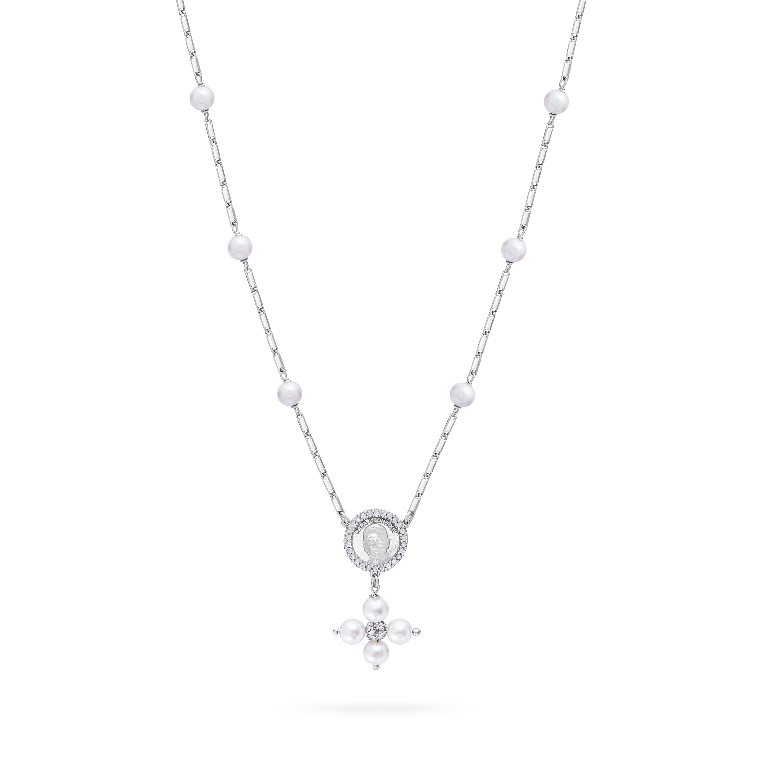 Sterling Silver Pope Leo XIV Necklace with White Pearl Beads and ...