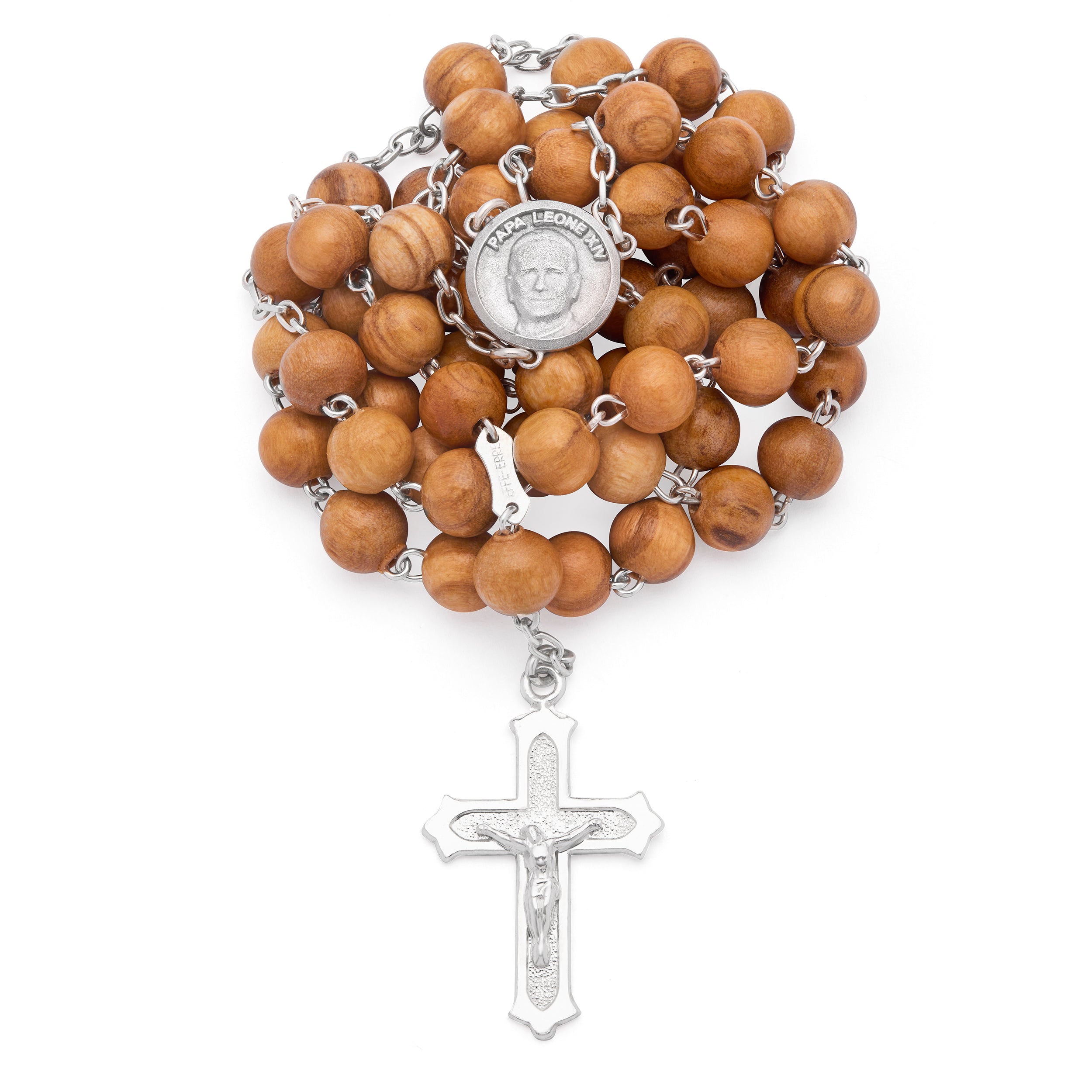 Sterling Silver Pope Leo XIV Olive Wood Rosary | MONDO CATTOLICO