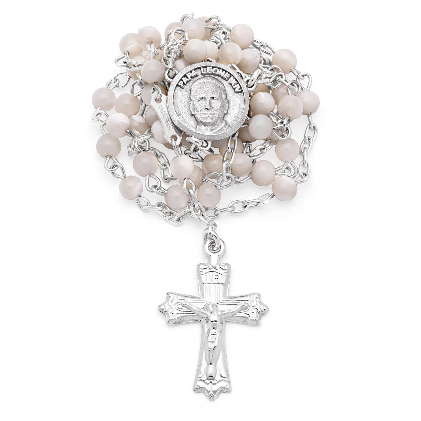 Sterling Silver Pope Leo XIV Rosary with Small Mother-of-Pearl Beads ...