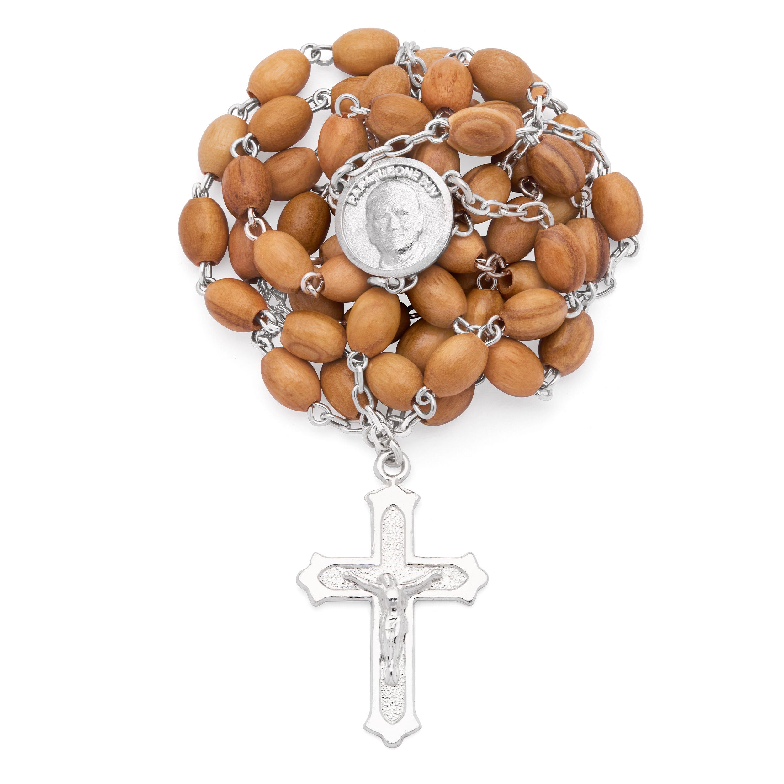 Sterling Silver Pope Leo XIV Rosary with Oval Olive Wood Beads | MONDO ...