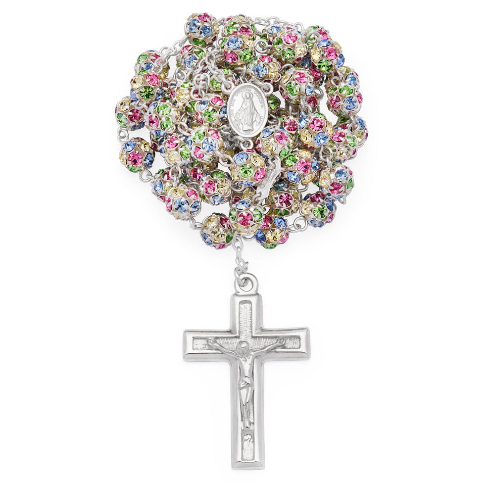 Sterling Silver Rosary with Multicolor Rhinestone Beads | MONDO CATTOLICO