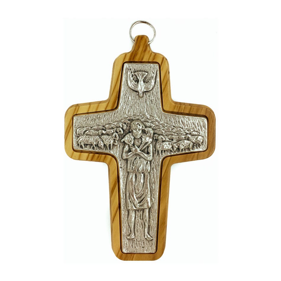 Good Shepherd Cross in Pewter with Olive Wood Back | MONDO CATTOLICO