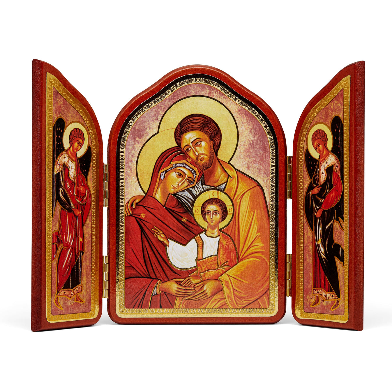 Triptych in Red Wood With Holy Family and Angels | MONDO CATTOLICO
