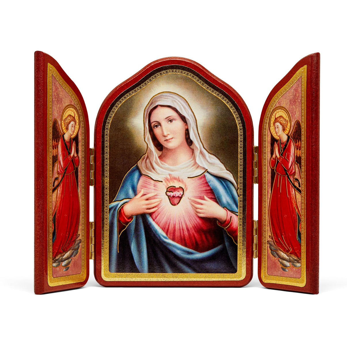 Triptych in Red Wood With Immaculate Heart of Mary and Angels | MONDO CATTOLICO