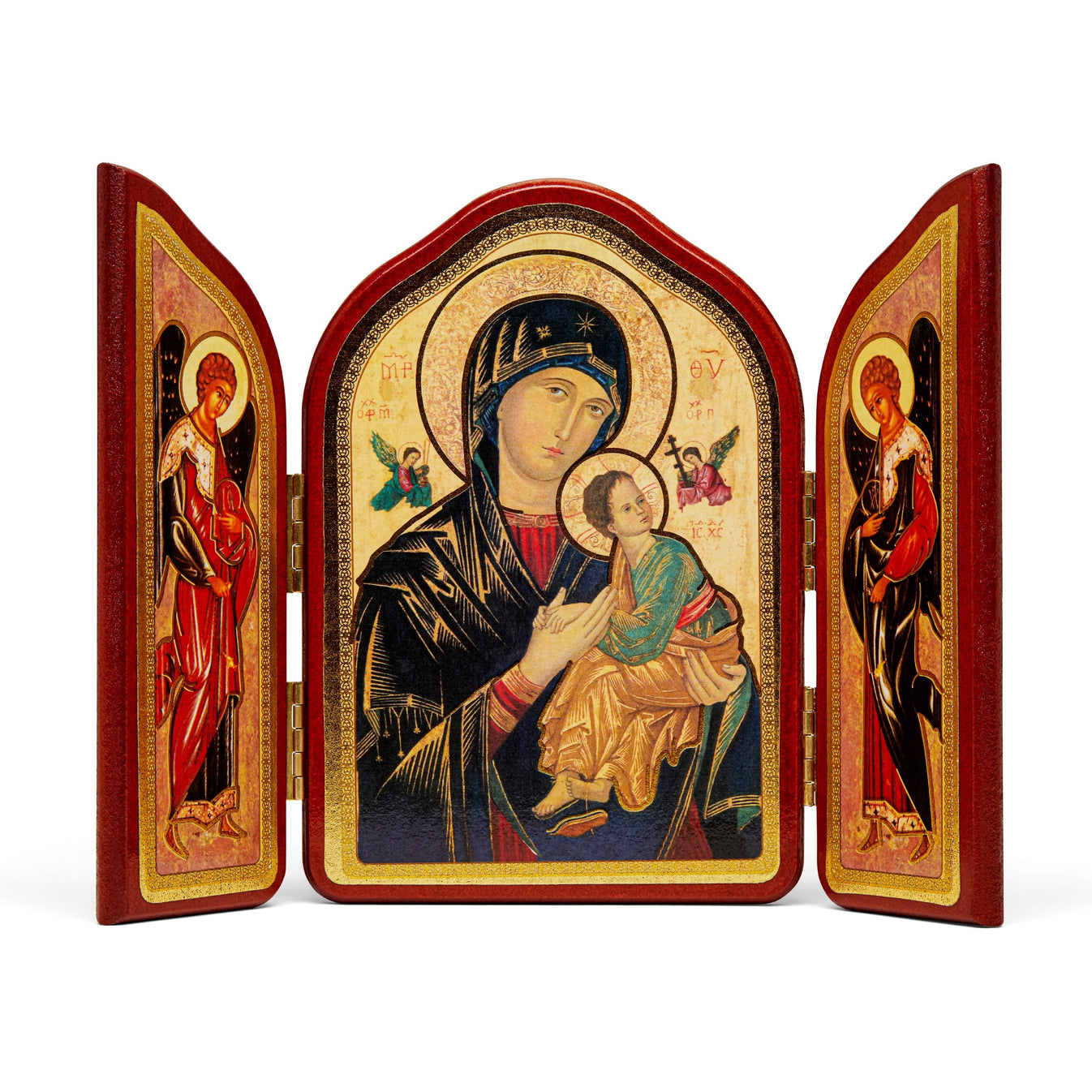 Triptych in Red Wood With Our Lady of Perpetual Help And Angels | MONDO CATTOLICO