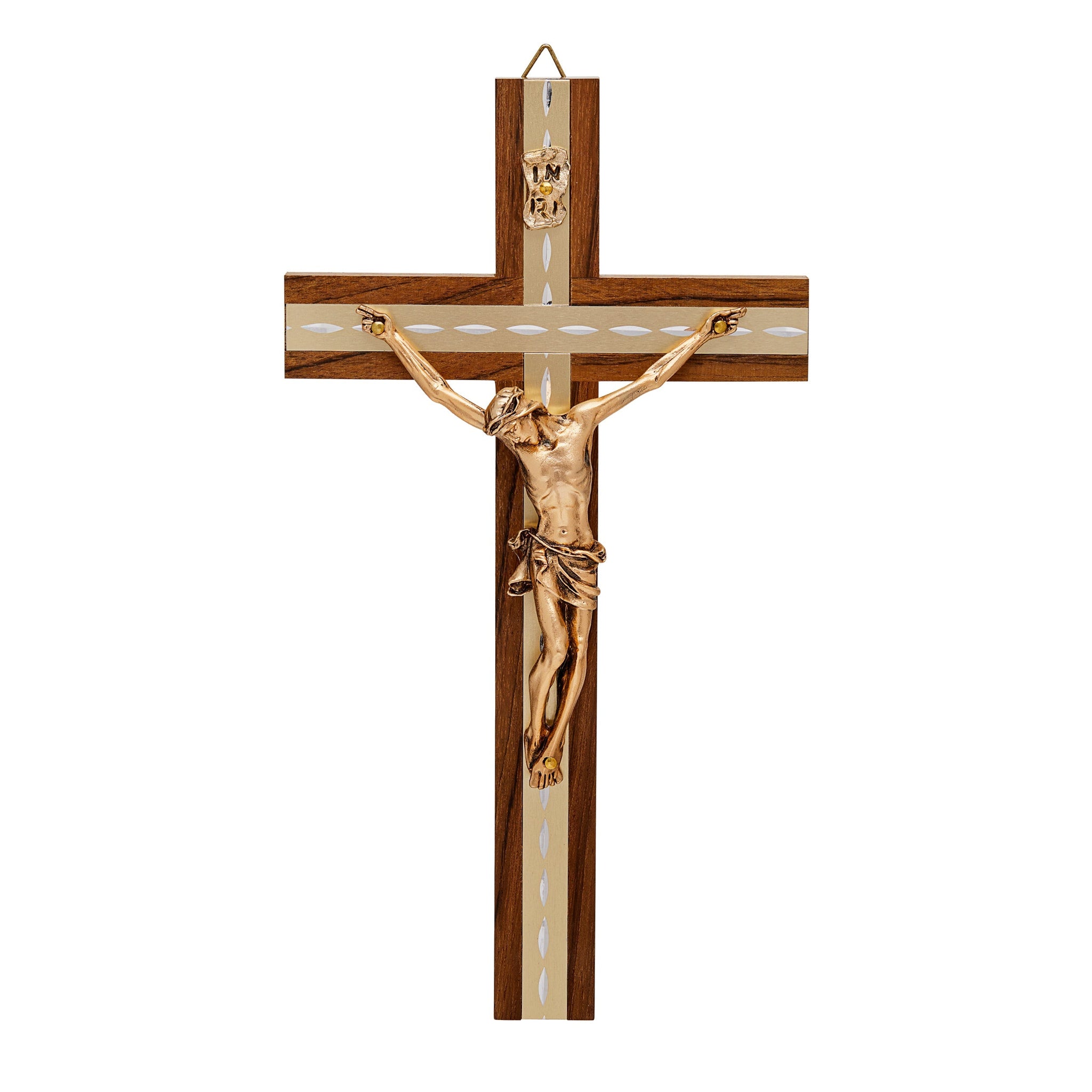 Walnut Wood Crucifix with Inlays and Gold Details | MONDO CATTOLICO