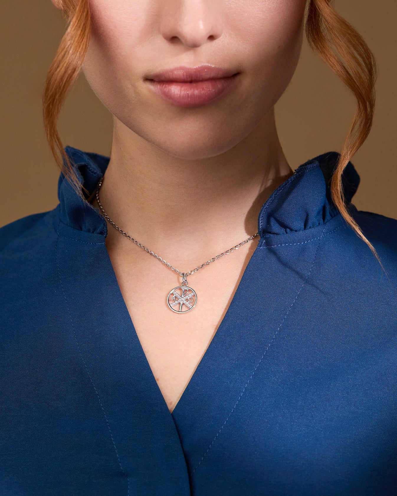 White Gold Chi Rho Medal With Cubic Zirconia Details | MONDO CATTOLICO