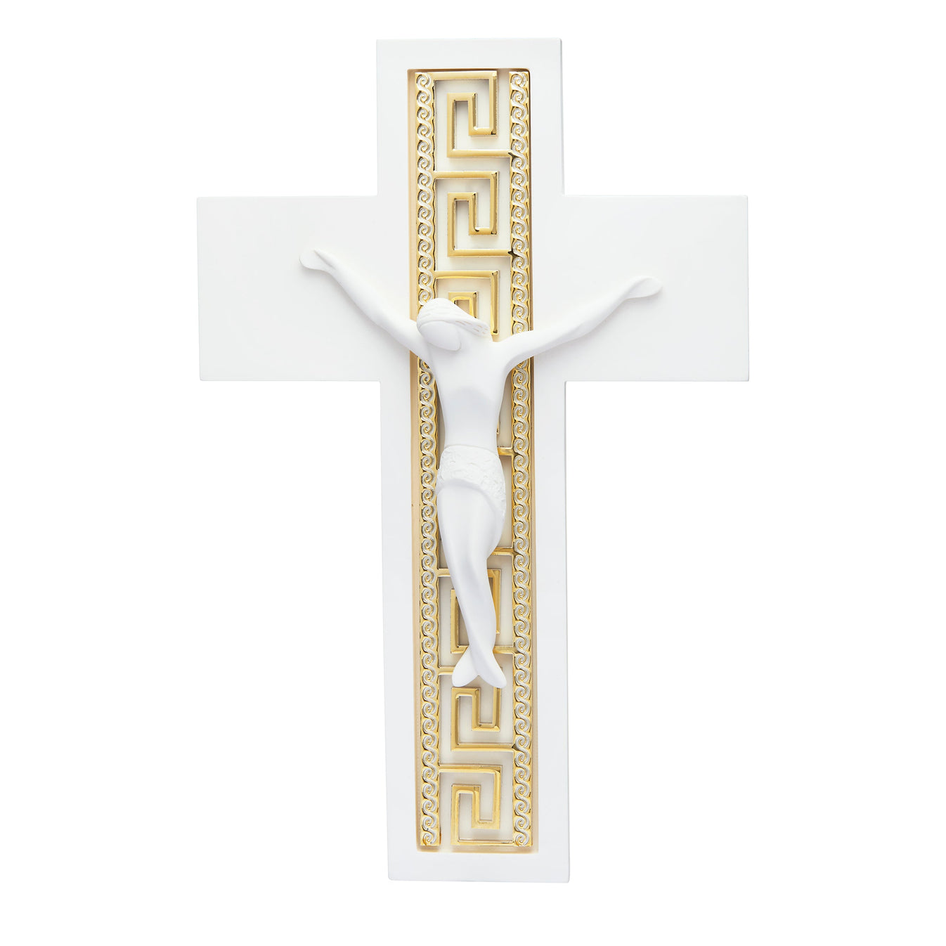 White Resin Crucifix with Gold Greek Key Motif Modern Style | MONDO ...