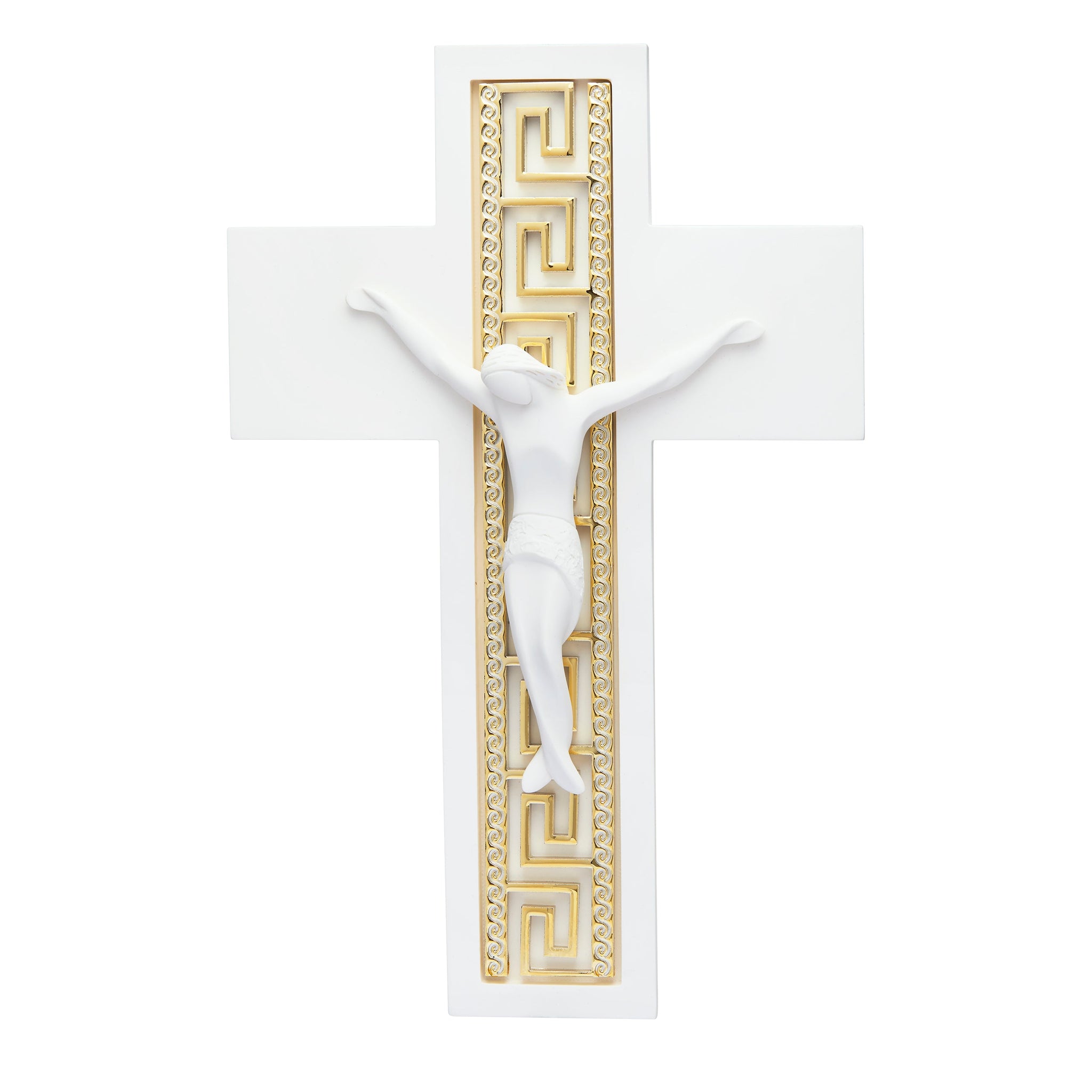 White Resin Crucifix with Gold Greek Key Motif Modern Style | MONDO ...