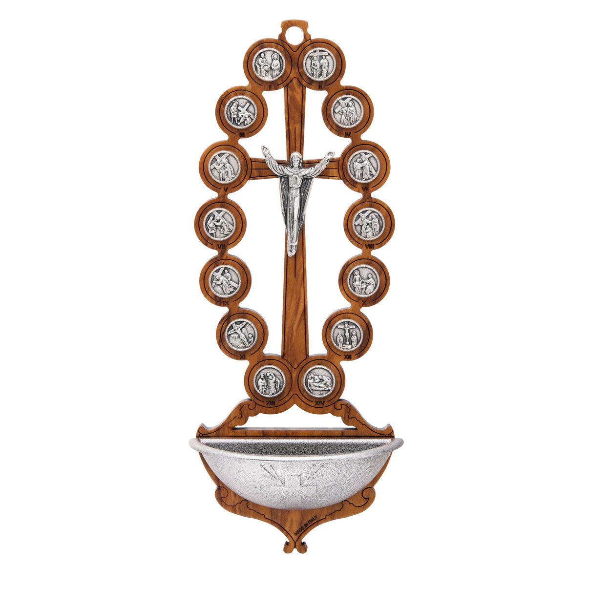 Wooden Holy Water Font with the Risen Christ and Via Crucis | MONDO ...