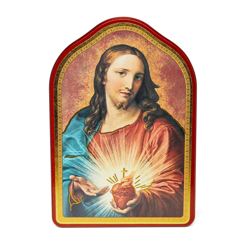 Wooden Painting With Red Frame of Sacred Heart of Jesus | MONDO CATTOLICO