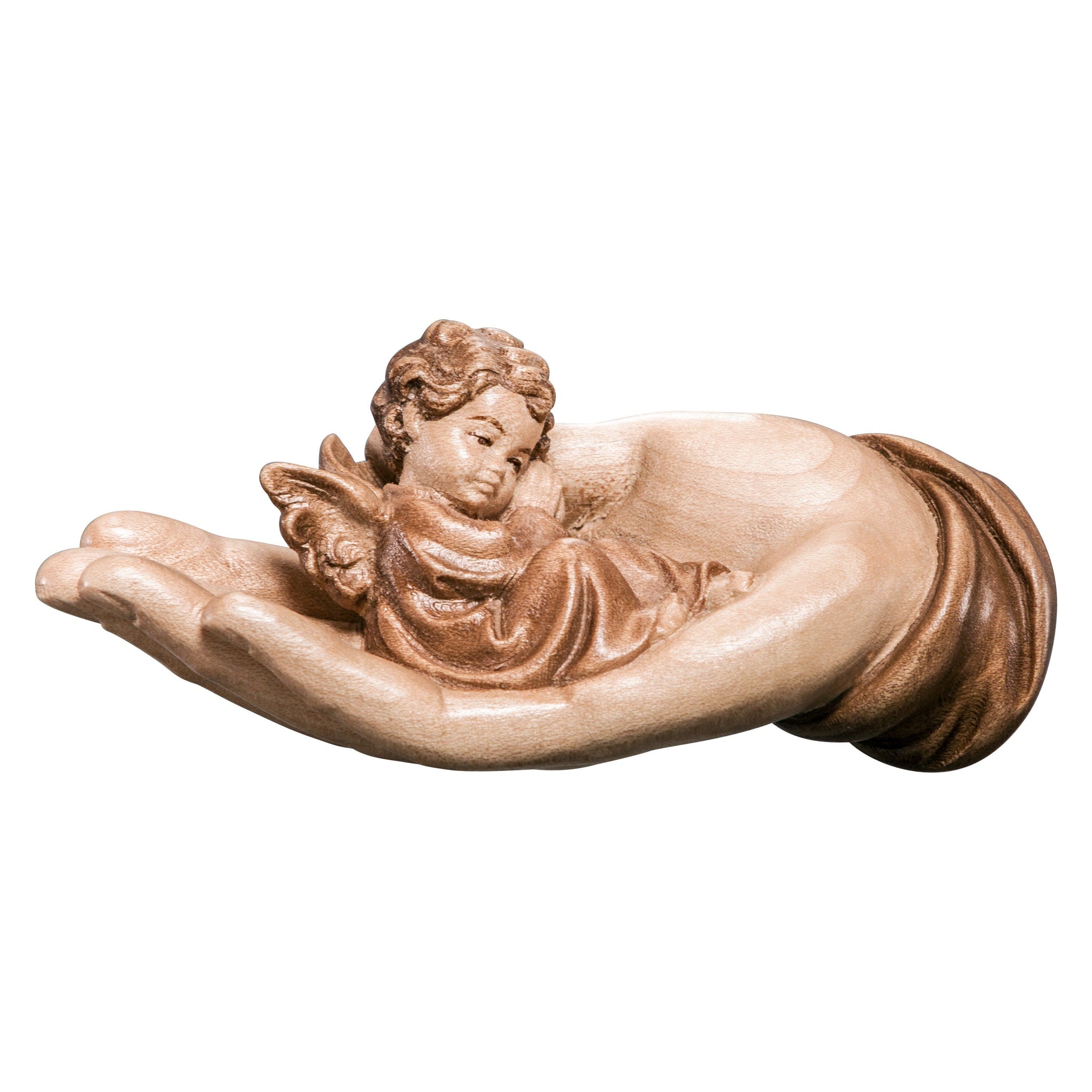 Wooden statue of Protecting hand lying with angel red | MONDO CATTOLICO