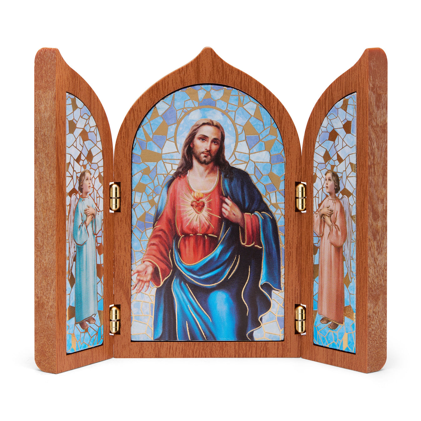 Wooden Triptych with the Sacred Heart of Jesus and Angels | MONDO CATTOLICO