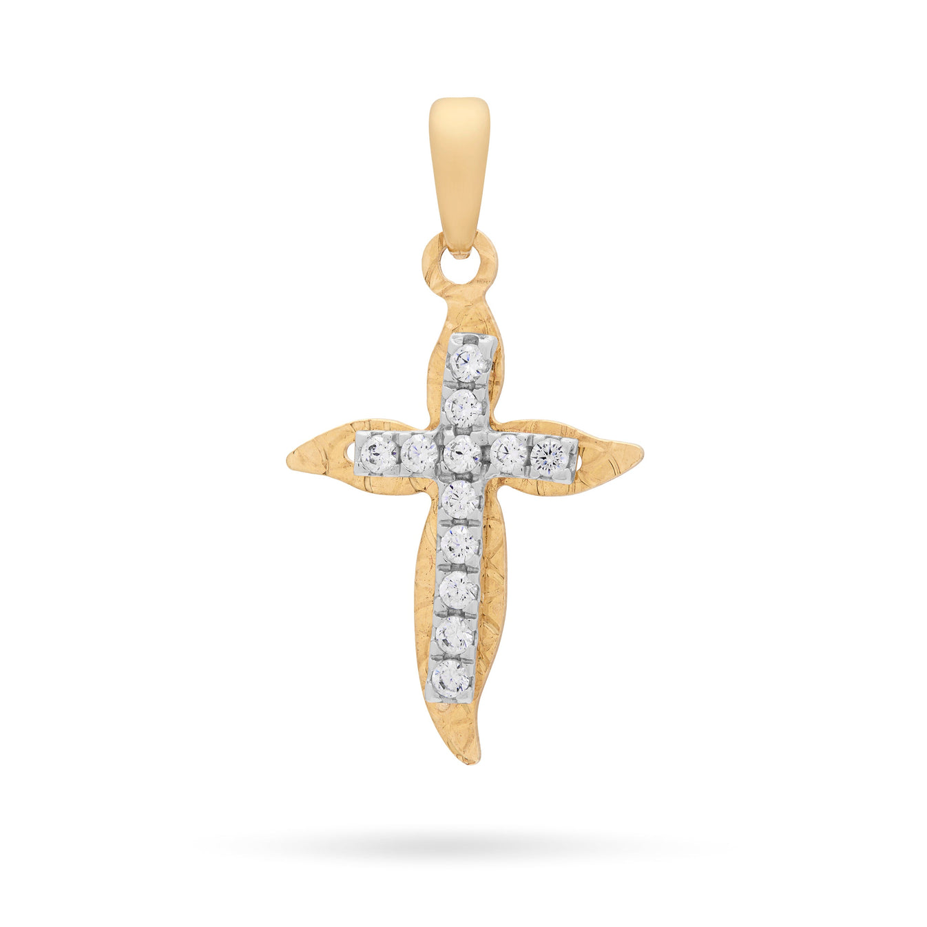 Yellow Gold Wavy Cross Pendant With White Gold Center and Cubic ...